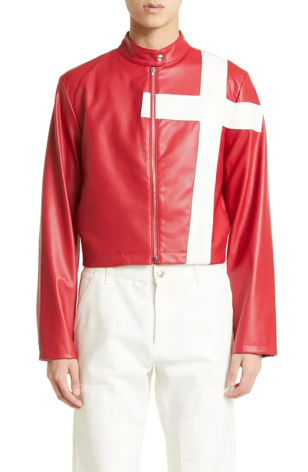 Buy MOWALOLA Cross Faux Leather Biker Jacket - Red 3316 Cc At 70